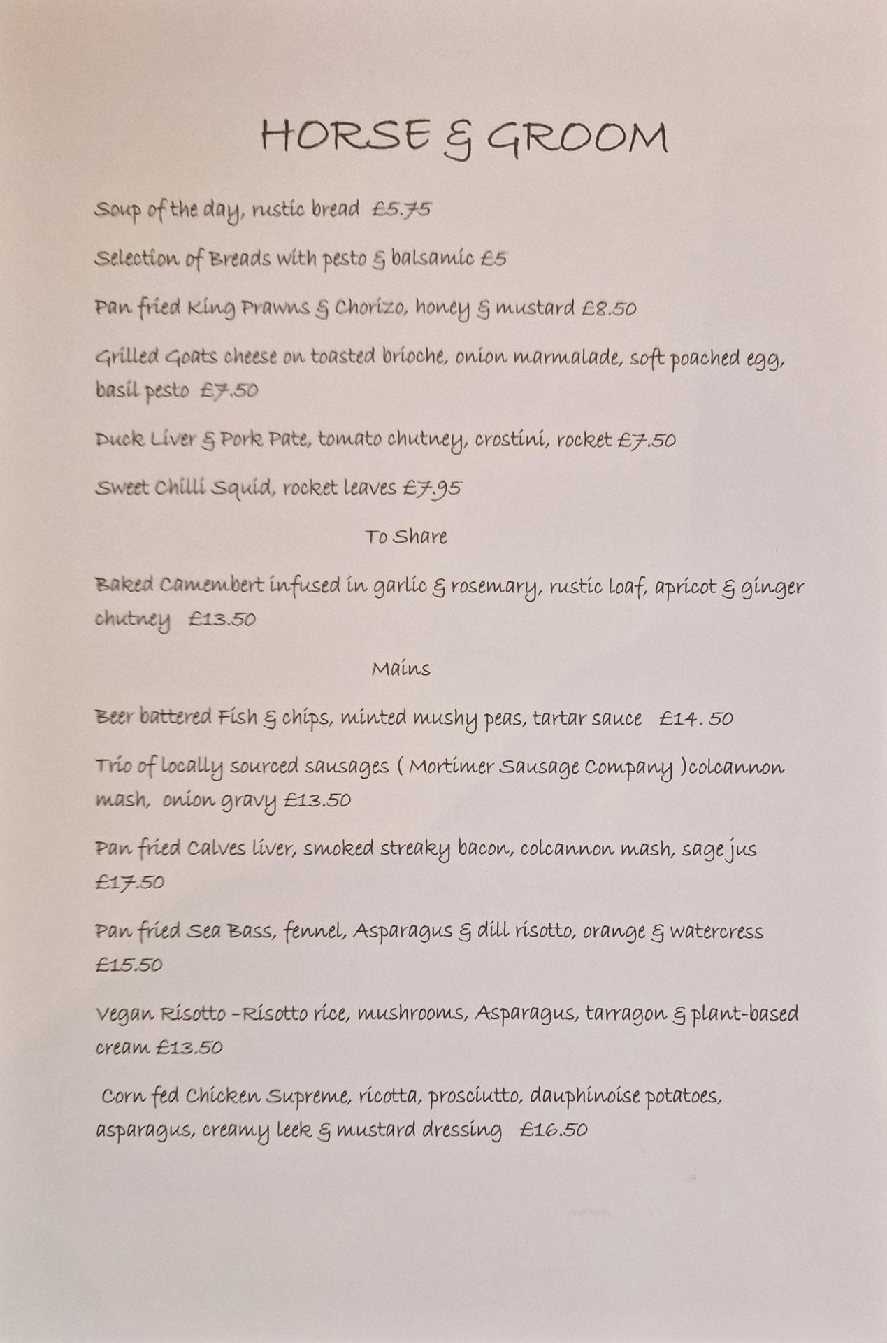 Menu - The Horse and Groom